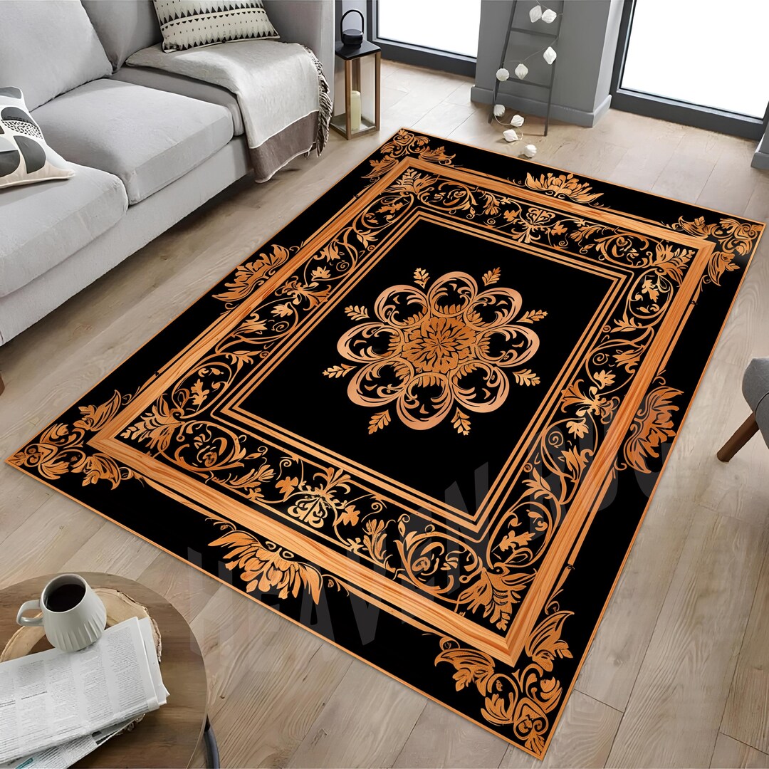 Wooden Pattern Rug, Black and Gold Rug, Traditional Framed Rug, Modern ...