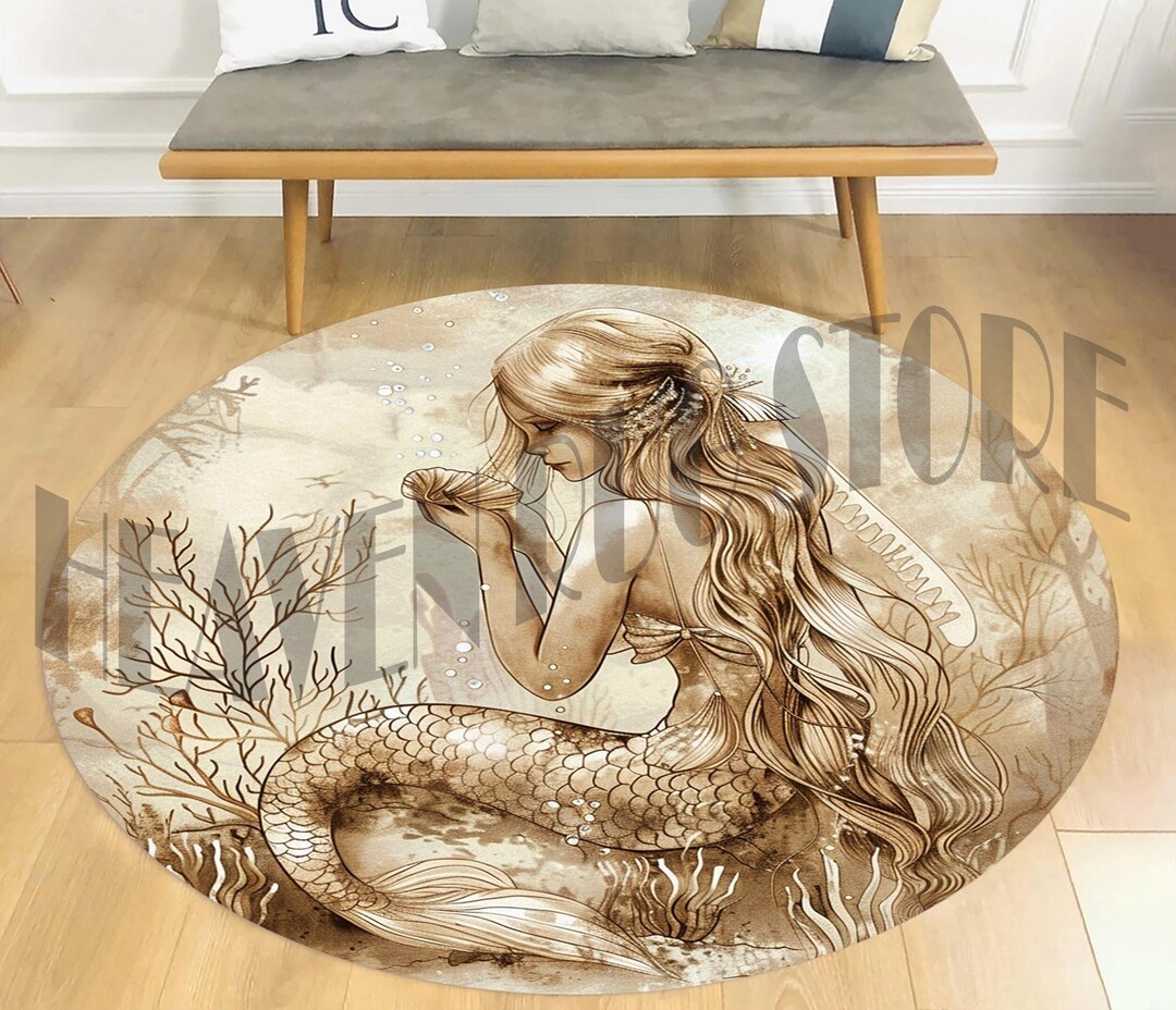 Mermaid Round Rug, Ocean Round Landscape Rug, Mermaid Round Art Rug ...