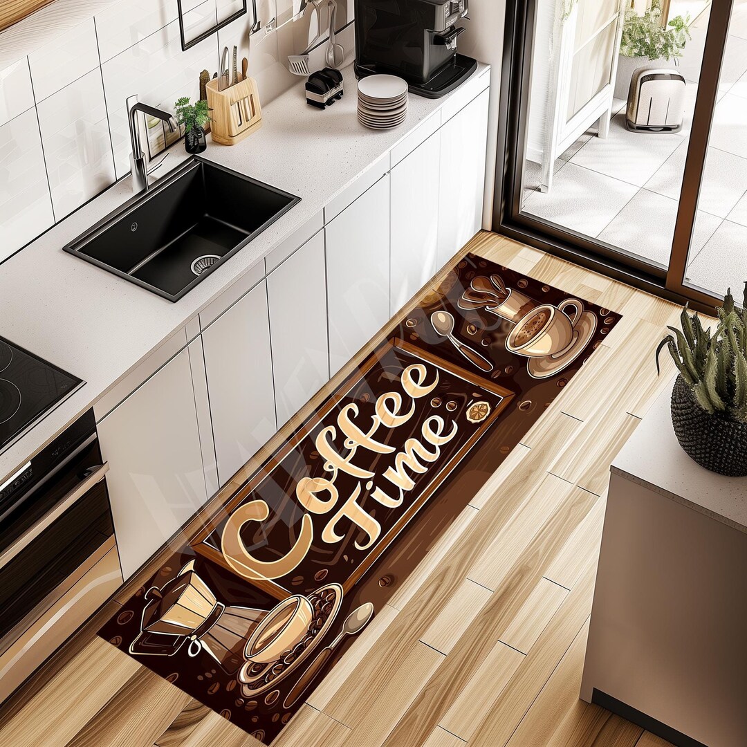 Coffee Time Kitchen Rug: Brown Modern Runner - Etsy