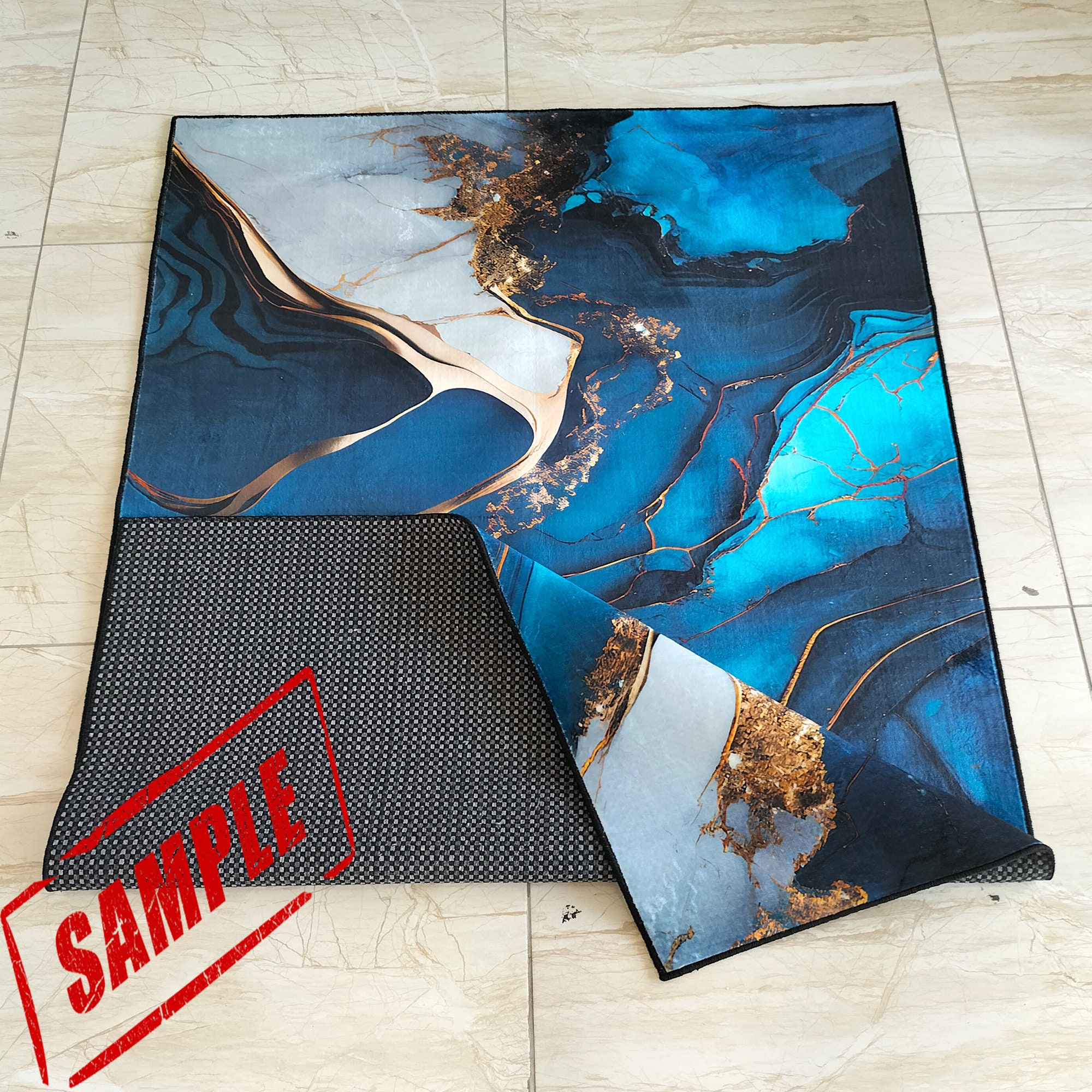 Blue, White & Gold Marble Rug: Modern Living Room Decor - Etsy