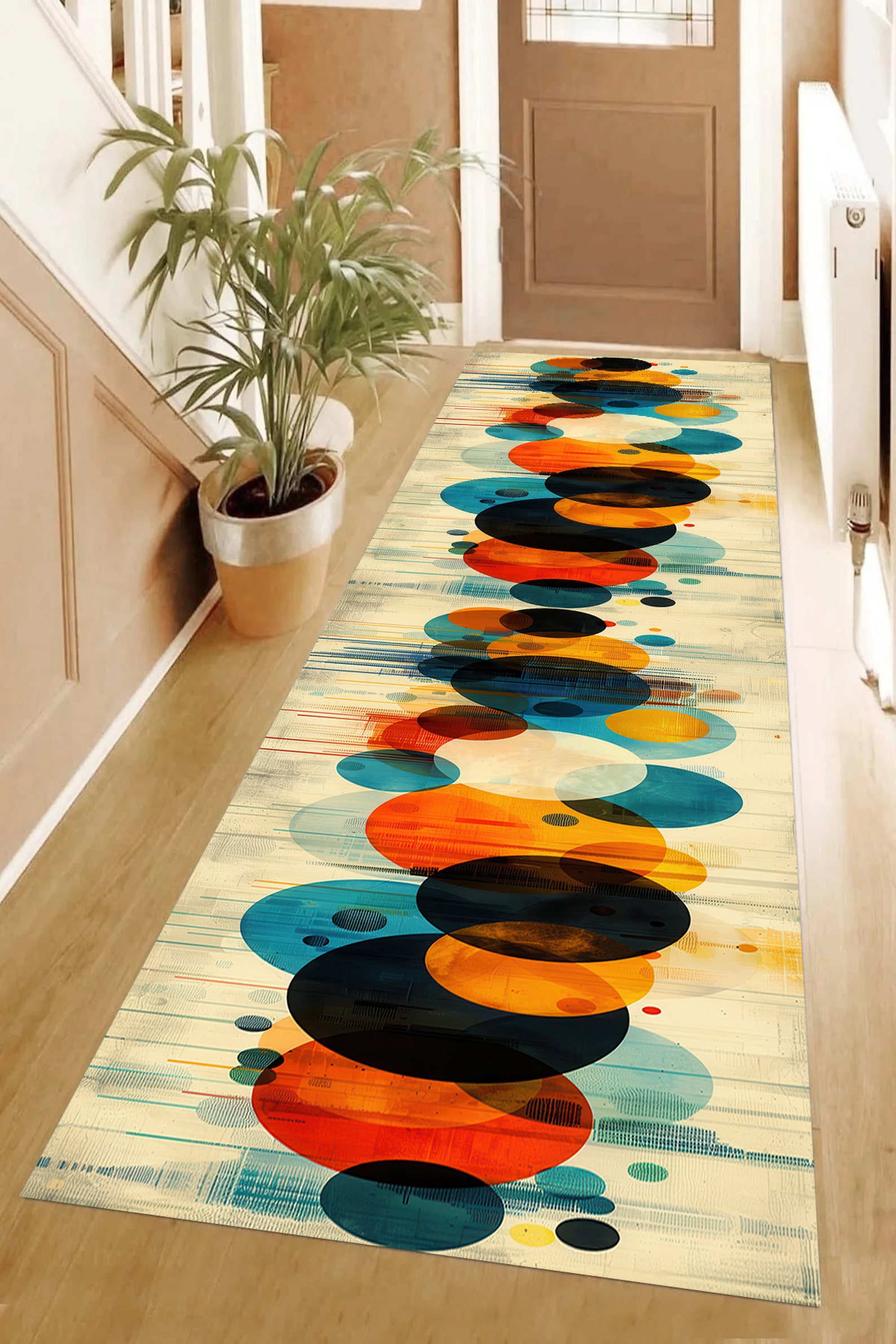 Mid Century Art Rug, Geometric Hallway Rug, Abstract Long Rug, Mid ...