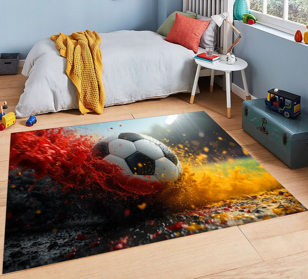 Soccer Rug, Red and Yellow Soccer Ball Rug, Colorful Soccer Ball Rug ...