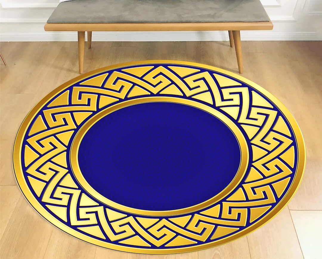 Gold and Blue Greek Key Round Rug: Modern Swirl Design (24 Inch) - Etsy
