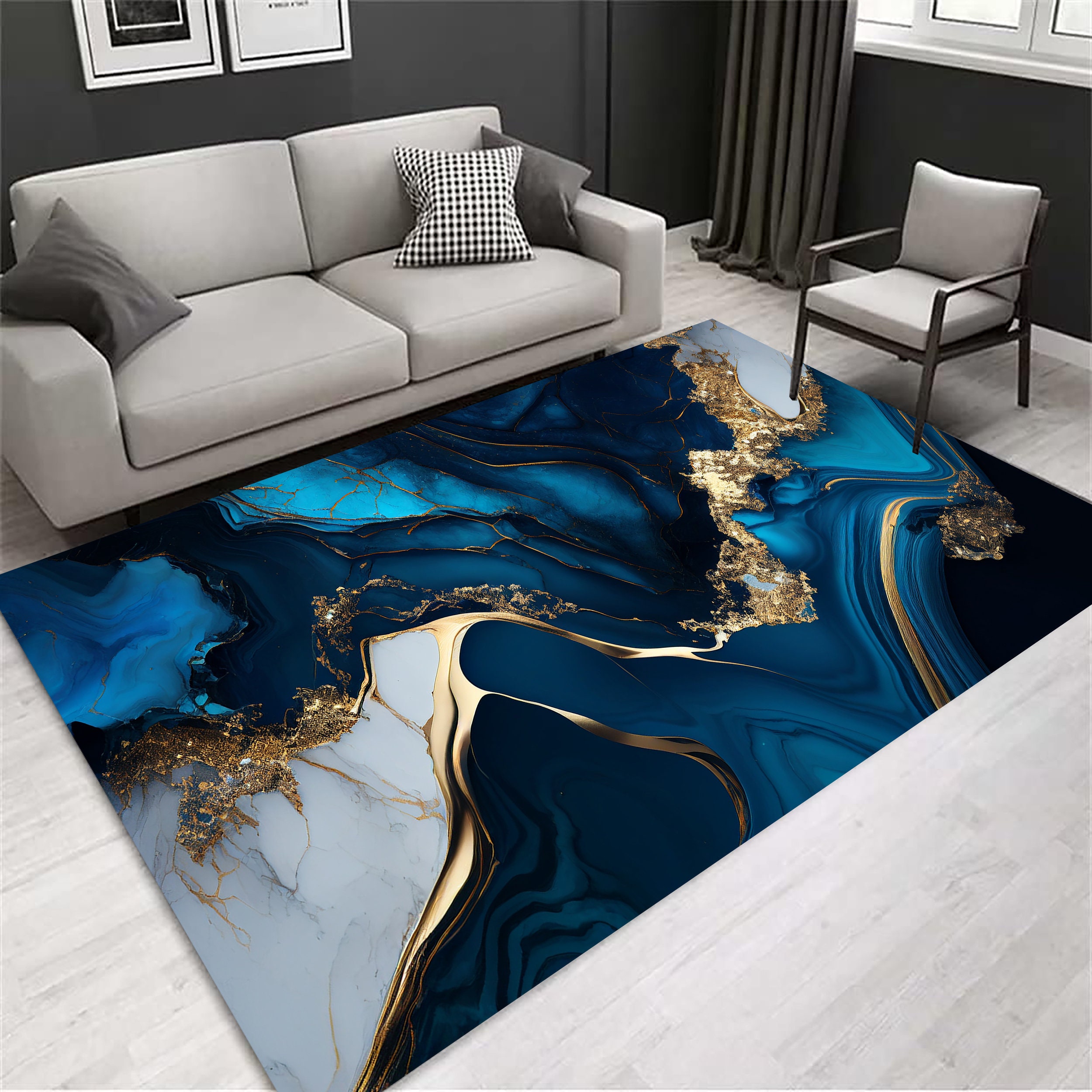 Marble Rug, Blue White and Gold Marble Rug, Marble Rug, Decor Marble ...
