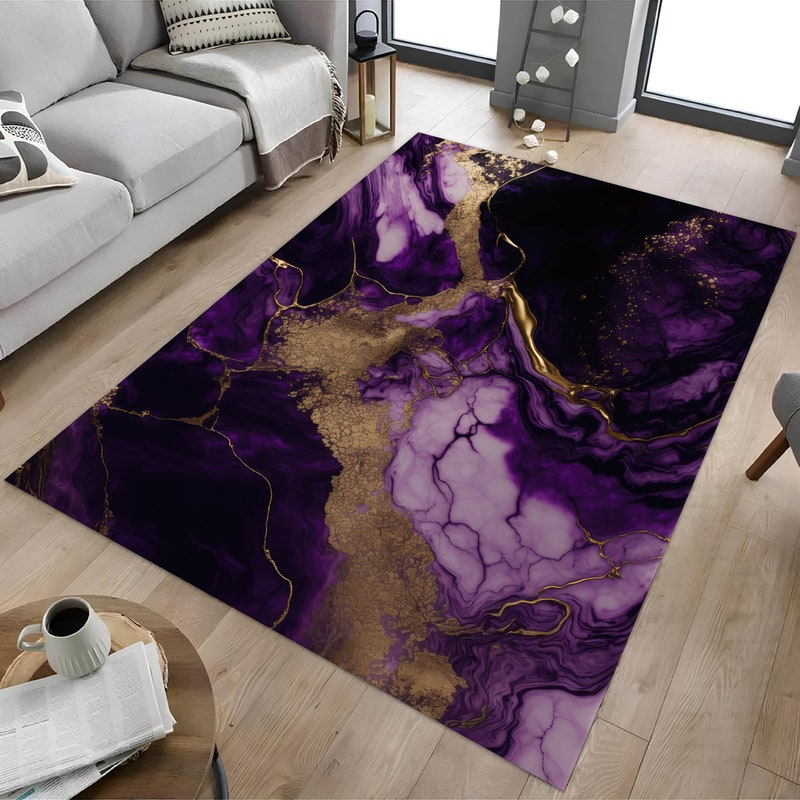 Marble Purple and Gold Rug - Etsy