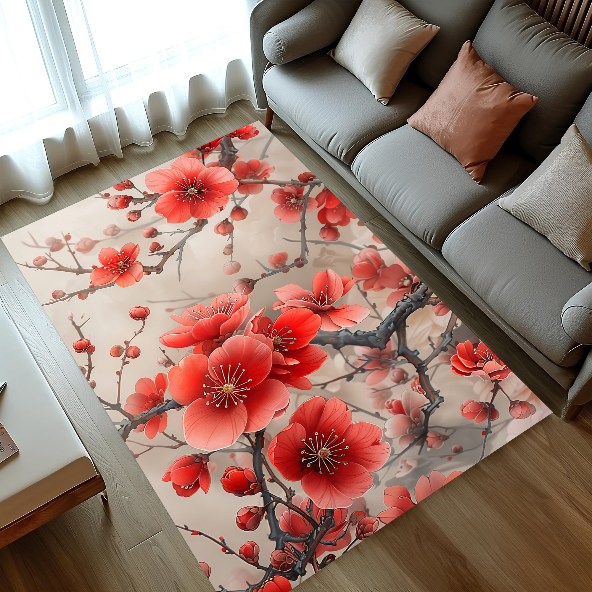 Red Cherry Blossom Rug, Cherry Blossom Rug, Floral Nature Rug ...