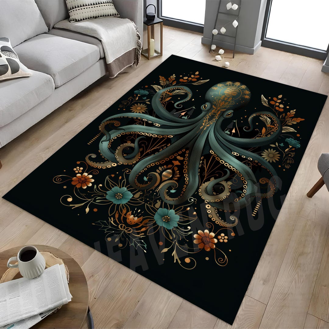 Blue Octopus Rug, Octopus Area Rug, Ocean Rug, Flowers Decor Rug ...