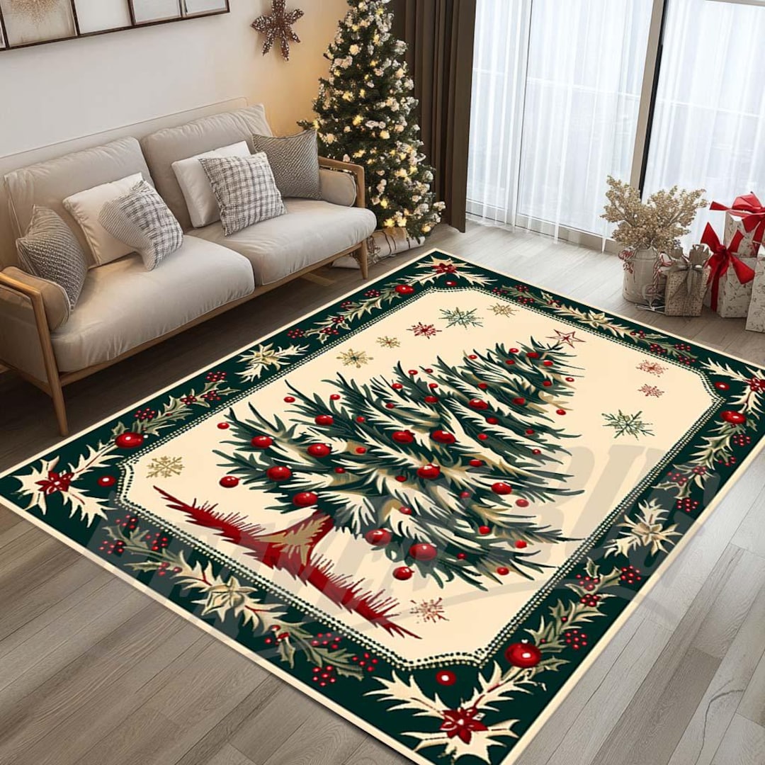Christmas Tree Area Rug: Green Beige Holiday Decor - Etsy