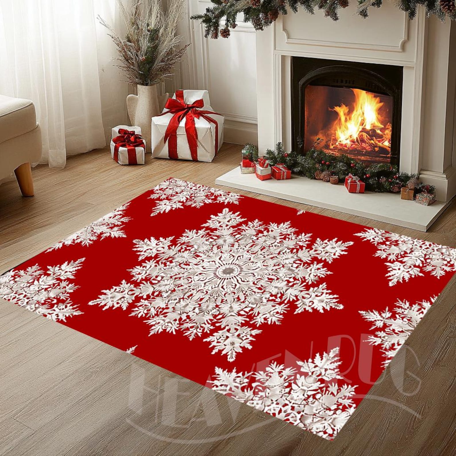Snowflake Rug, Red White Snowflake Rug, Big Snowflake Decor Rug, Home ...
