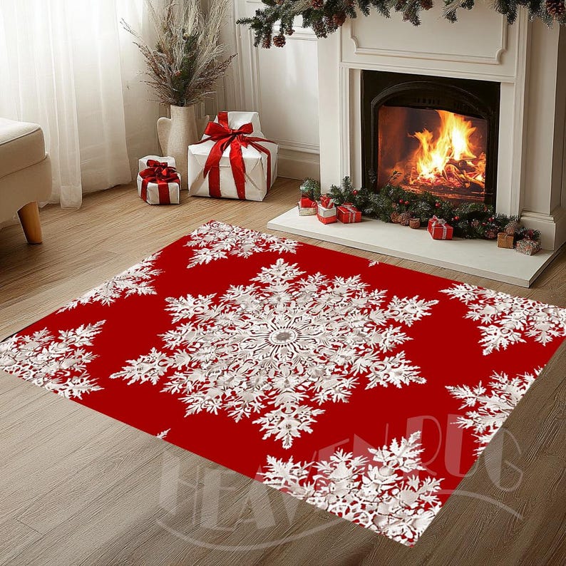 Snowflake Rug, Red White Snowflake Rug, Big Snowflake Decor Rug, Home ...