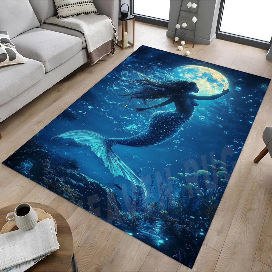 Mermaid Rug, Sea Rug, Moon Decor Rug, Ocean Area Rug, Mermaid Decor Rug ...