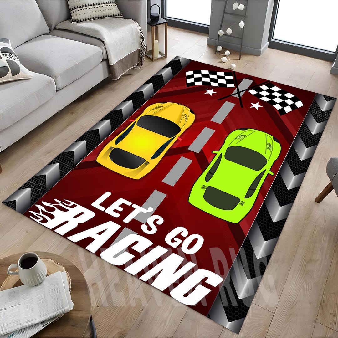 Race Track Rug: Yellow & Green Cars, Modern Racing Flag Design - Etsy