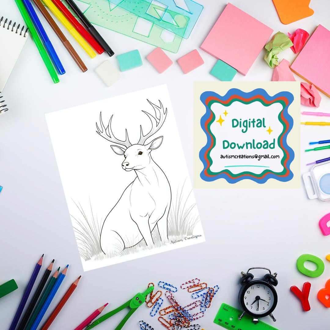 Deer Coloring Page: Simple Buck Activity, Autism & Dementia Friendly ...