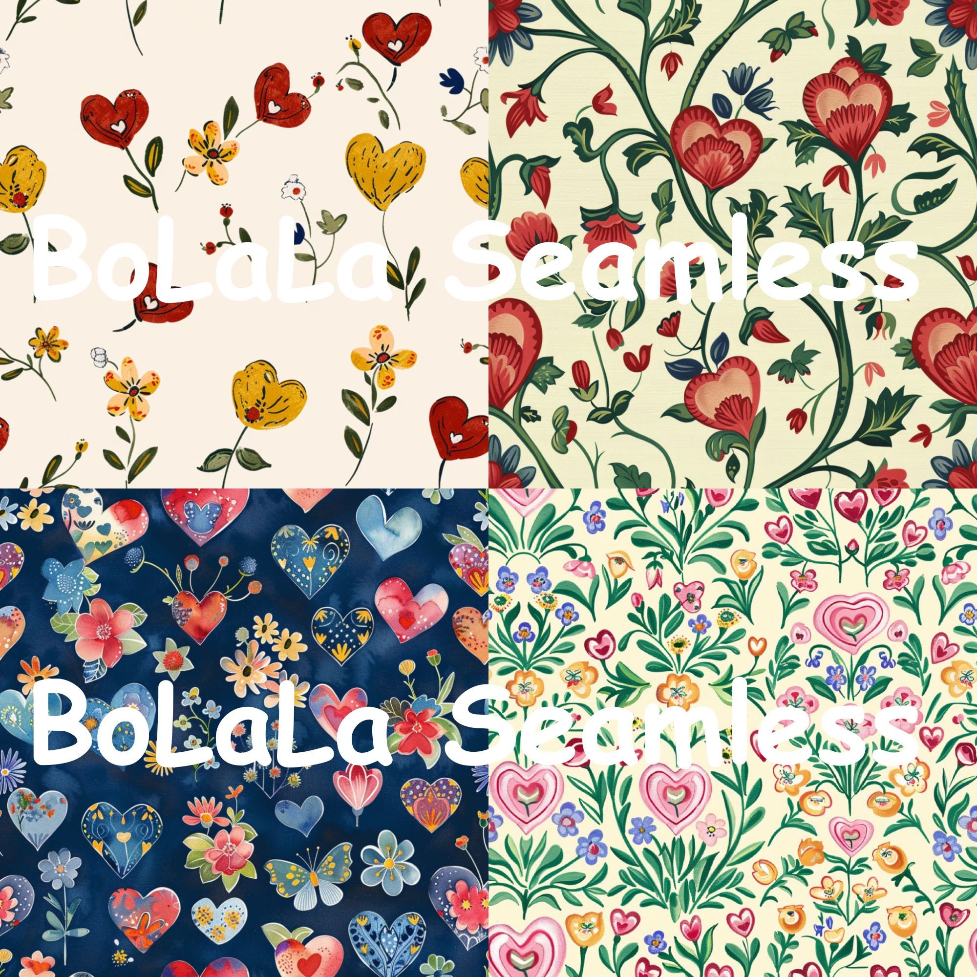 Heart Flowers Seamless Pattern Set Vol.2 High Resolution JPG 12x12 300dpi - Etsy