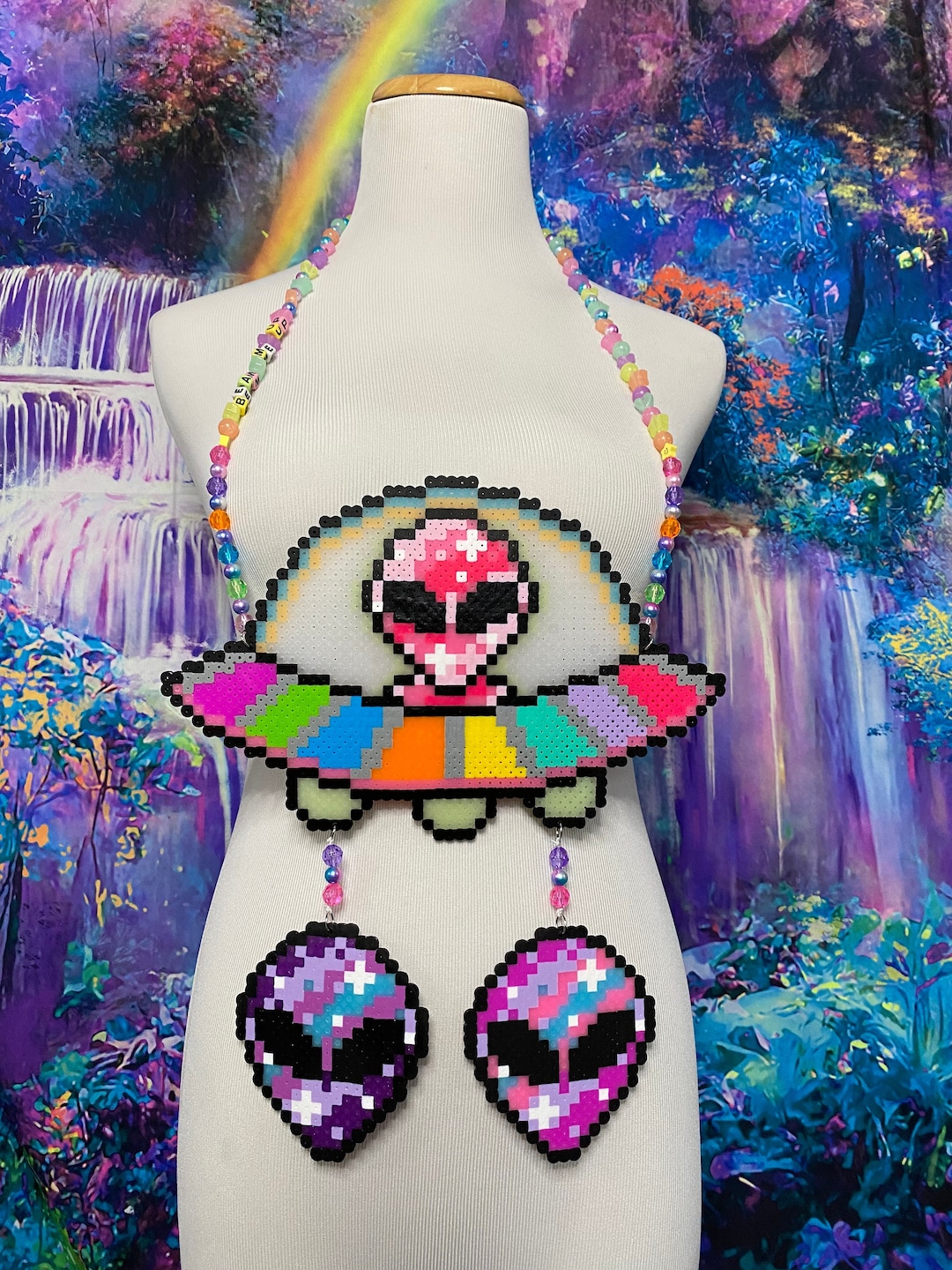 Perler Bead Necklace UV Reactive UFO Beaming up Aliens - Etsy