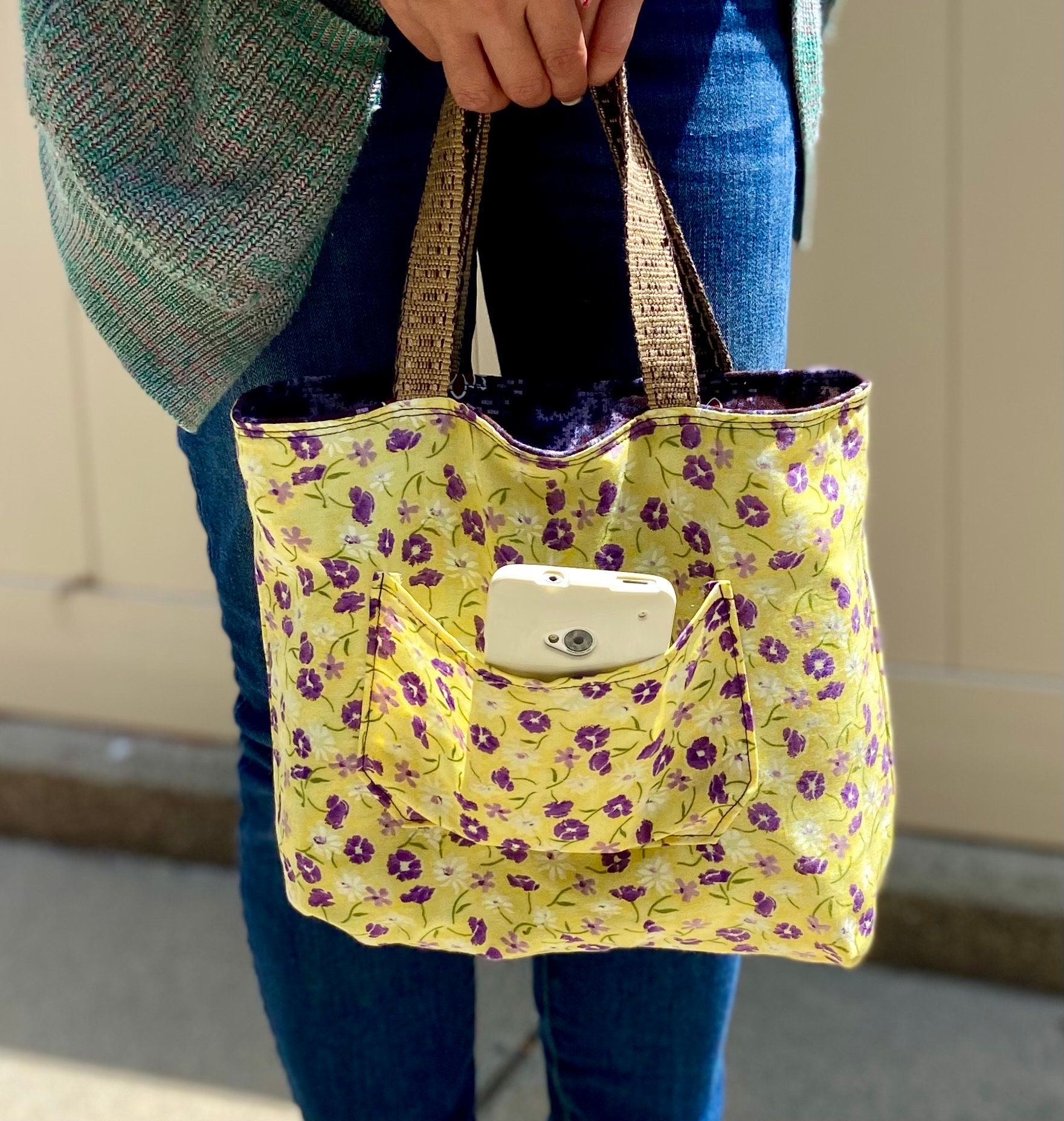 Two-in-one Reversible Small Tote Bag With Pockets, Open Top | Handmade ...