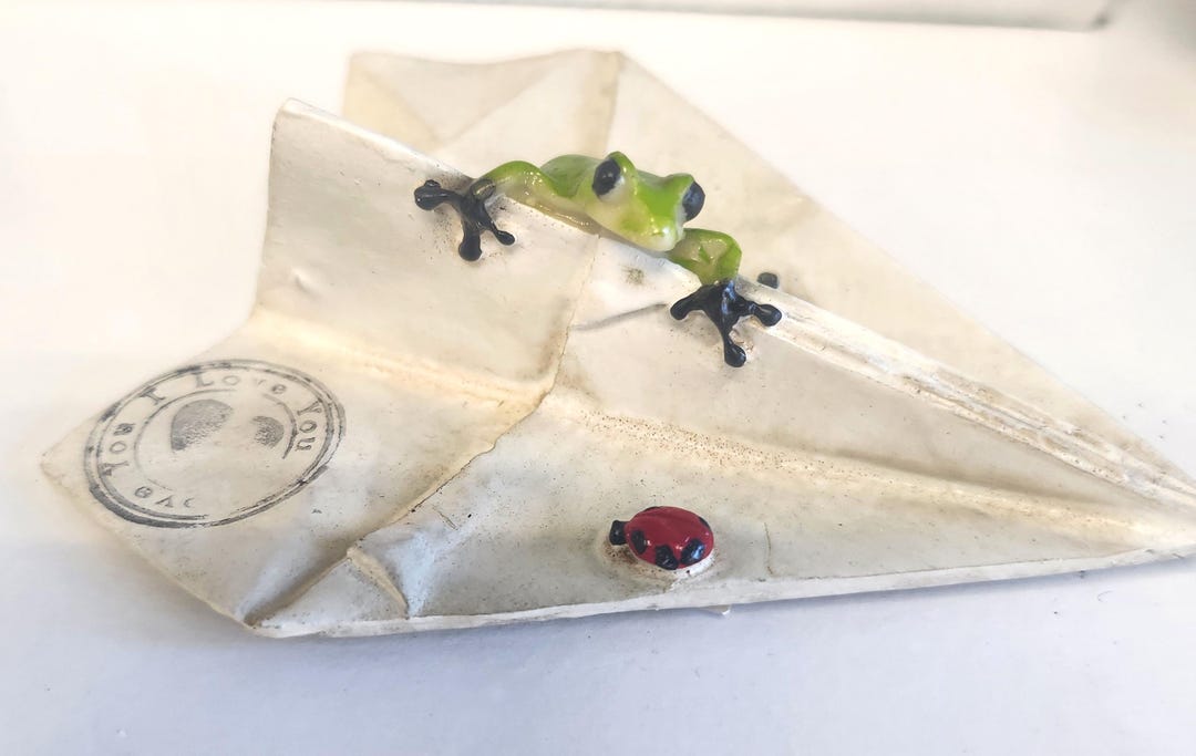 Frog on a Paper Airplane With Ladybug- by Georgetown- Fairy Gardens - Etsy