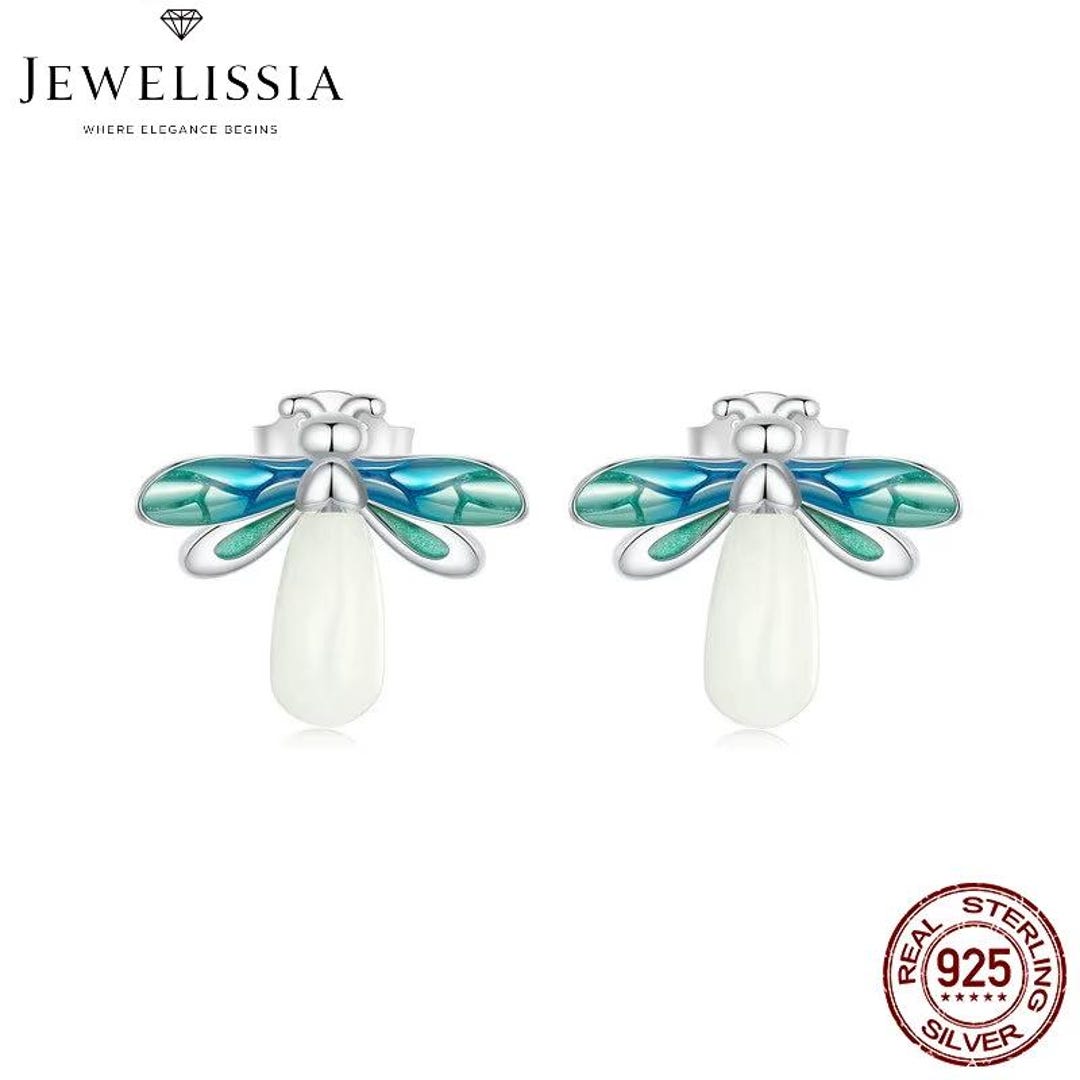 Real 925 Sterling Silver Rainbow Firefly Luminous Stud Earrings for ...