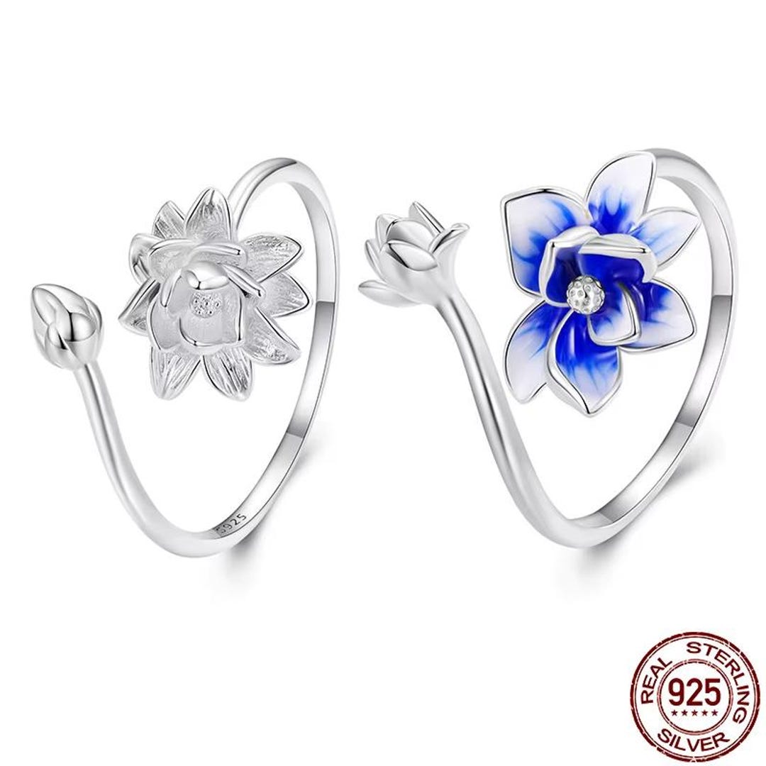 Real 925 Sterling Silver Unique Lotus Open Rings for Women Blue Enamel ...