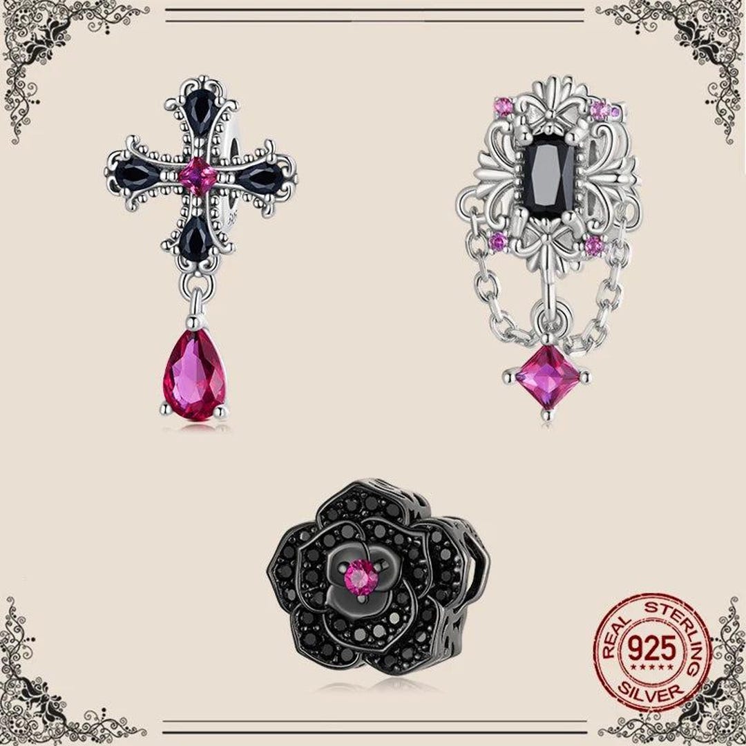 Vintage Gothic Cross Charms Black Rose Flower Beads, Fits Pandora ...
