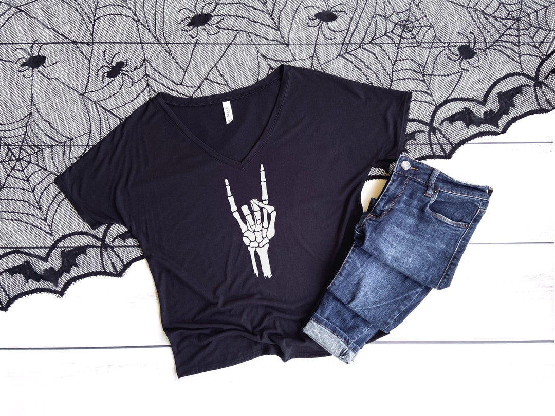 Rock on Skeleton Hand Halloween V-neck Slouchy Shirt - Etsy
