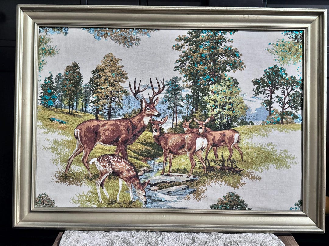 Vintage MCM Framed Deer Art, 3D Relief Fabric Wall Decor Buck Doe Fawn ...