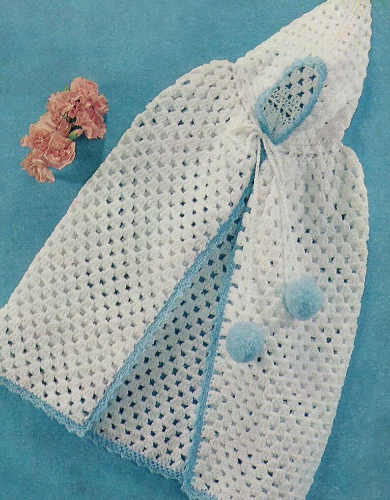 Baby's Cute Vintage Crochet Carry Cape With Contrast Trim and Pompoms ...