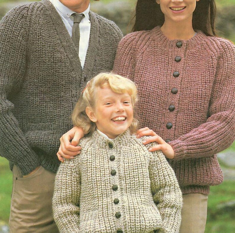 Family Sizes Chunky Knit Plain Classic Fisherman's Rib Raglan Cardigan ...