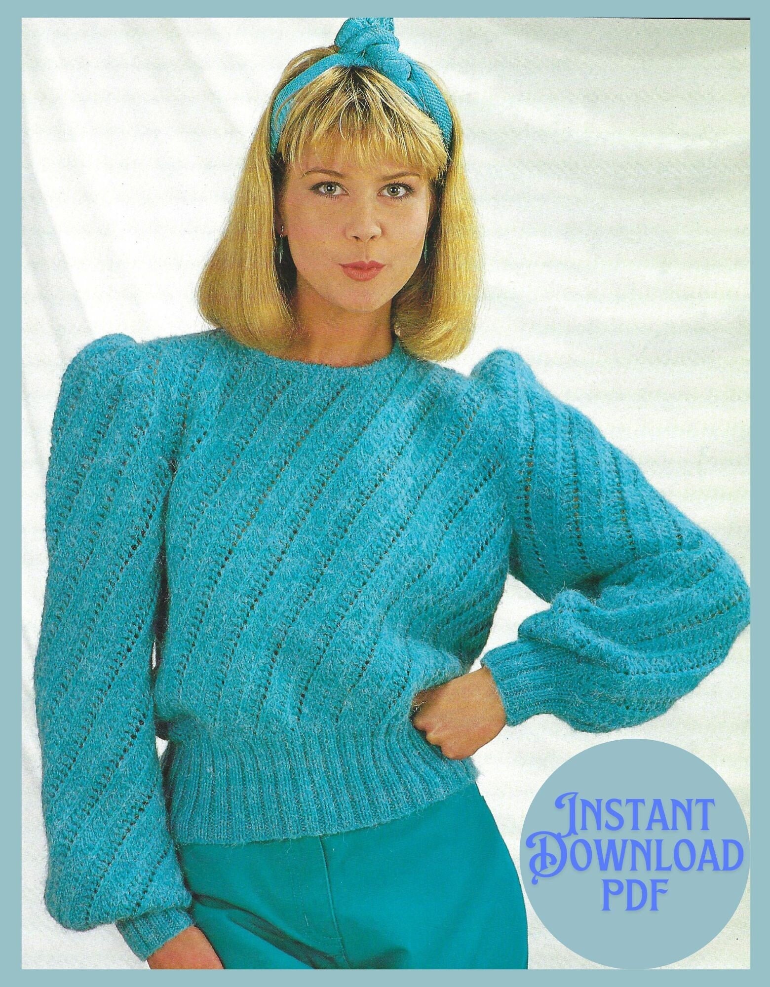Vintage Knitting Pattern D.K 1980s Ladies Cosy Sweater Puff Sleeve ...