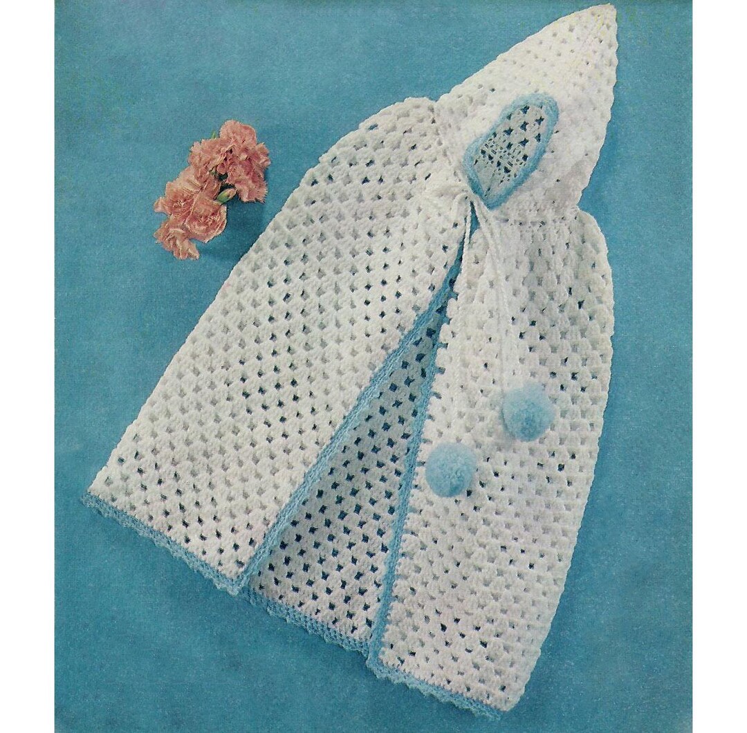 Baby's Cute Vintage Crochet Carry Cape With Contrast Trim and Pompoms ...