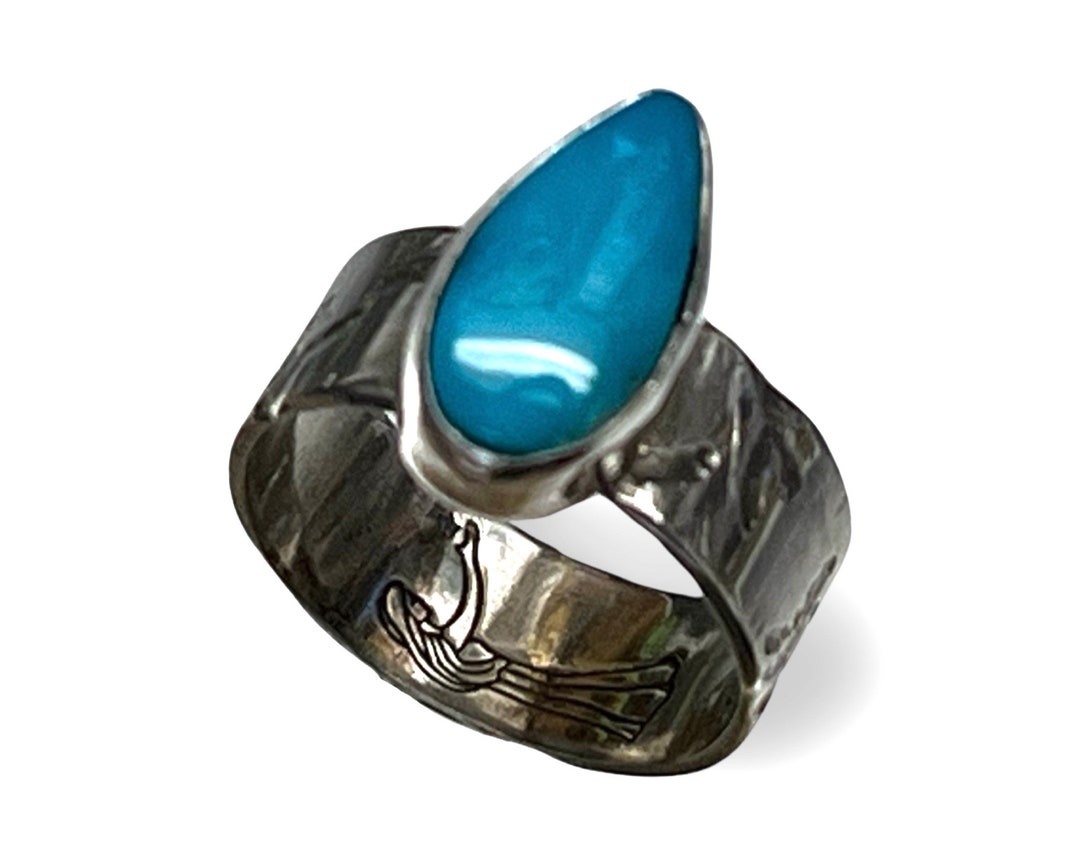 Teardrop Turquoise Erosion Band Silver Ring - Etsy