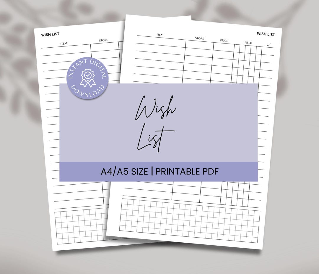 Wish List PDF Instant Printable Dowload, Wishlist Template, Shopping ...