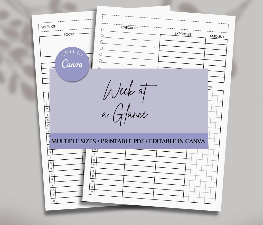Week at a Glance, Weekly Planner, Minimal Weekly Planner Printable PDF ...