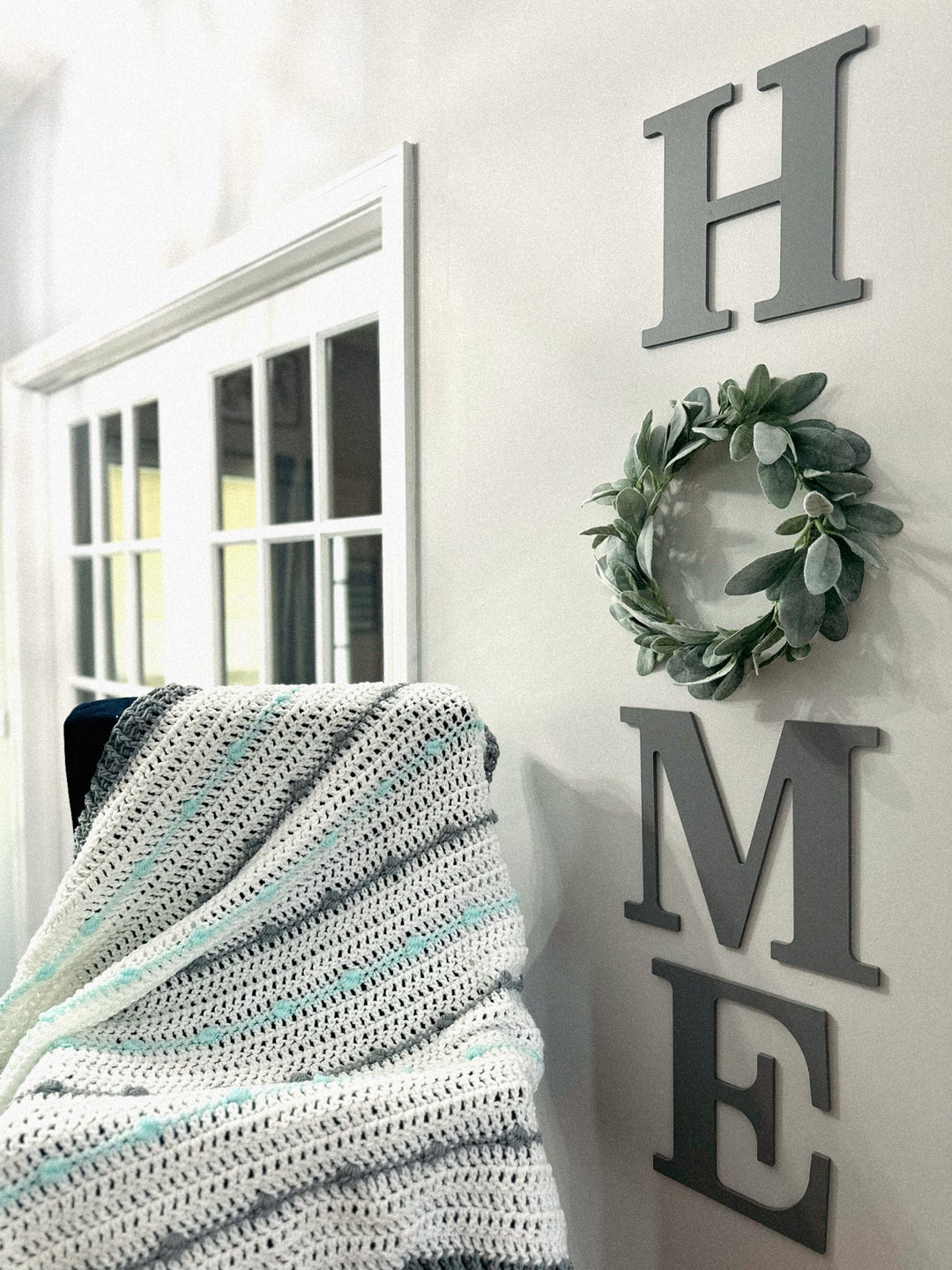 Crocheted Baby Blanket Approx. 31x36 Handmade White, Turquoise, Gray ...