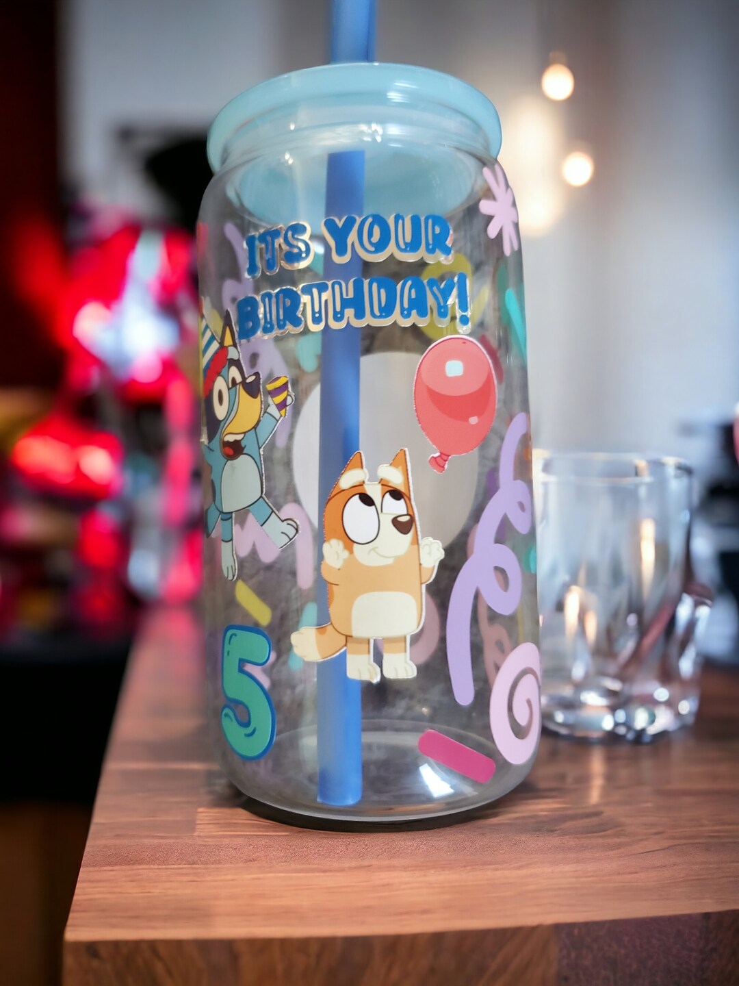 Bluey Kids Birthday Glass Can With Lid and Straw Dishwasher Safe ...