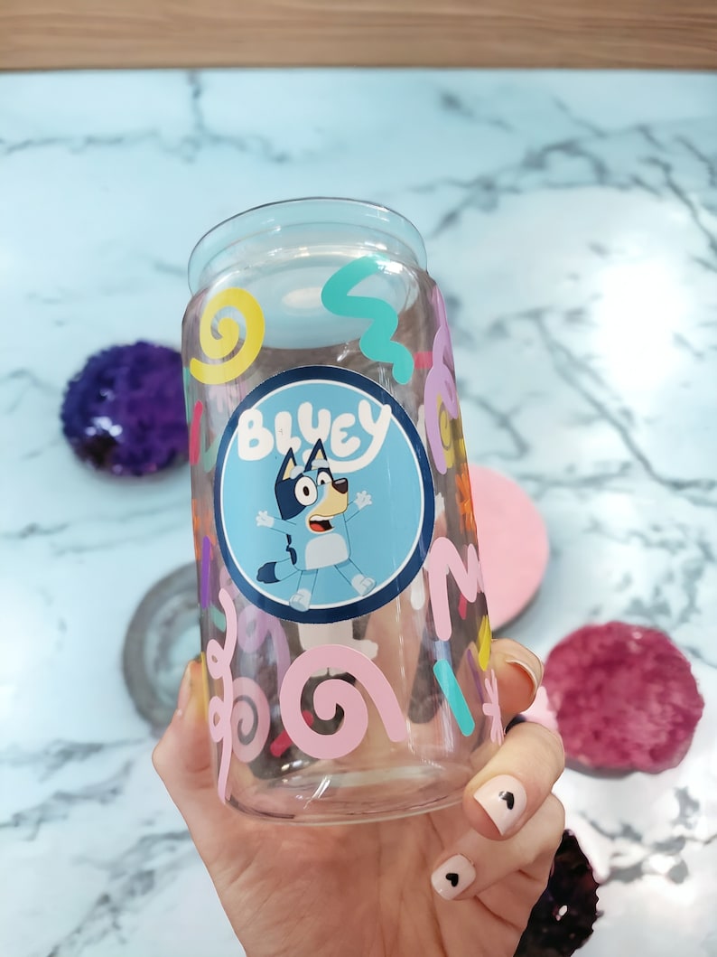 Bluey Kids Birthday Glass Can With Lid and Straw Dishwasher Safe ...