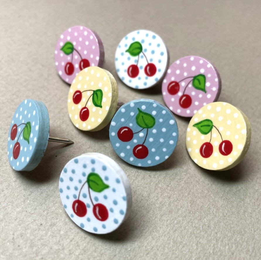 8 Retro Cherry Push Pins, Mid Century Style, Bulletin Board Pins, Hand ...