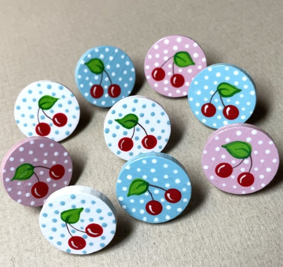 9 Retro Cherry Push Pins, Mid Century Style, Bulletin Board Pins, Hand ...