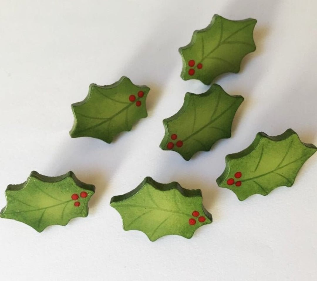 Christmas Holly Push Pins, Holiday Pins, Hand Painted Wooden Pins, Memo ...