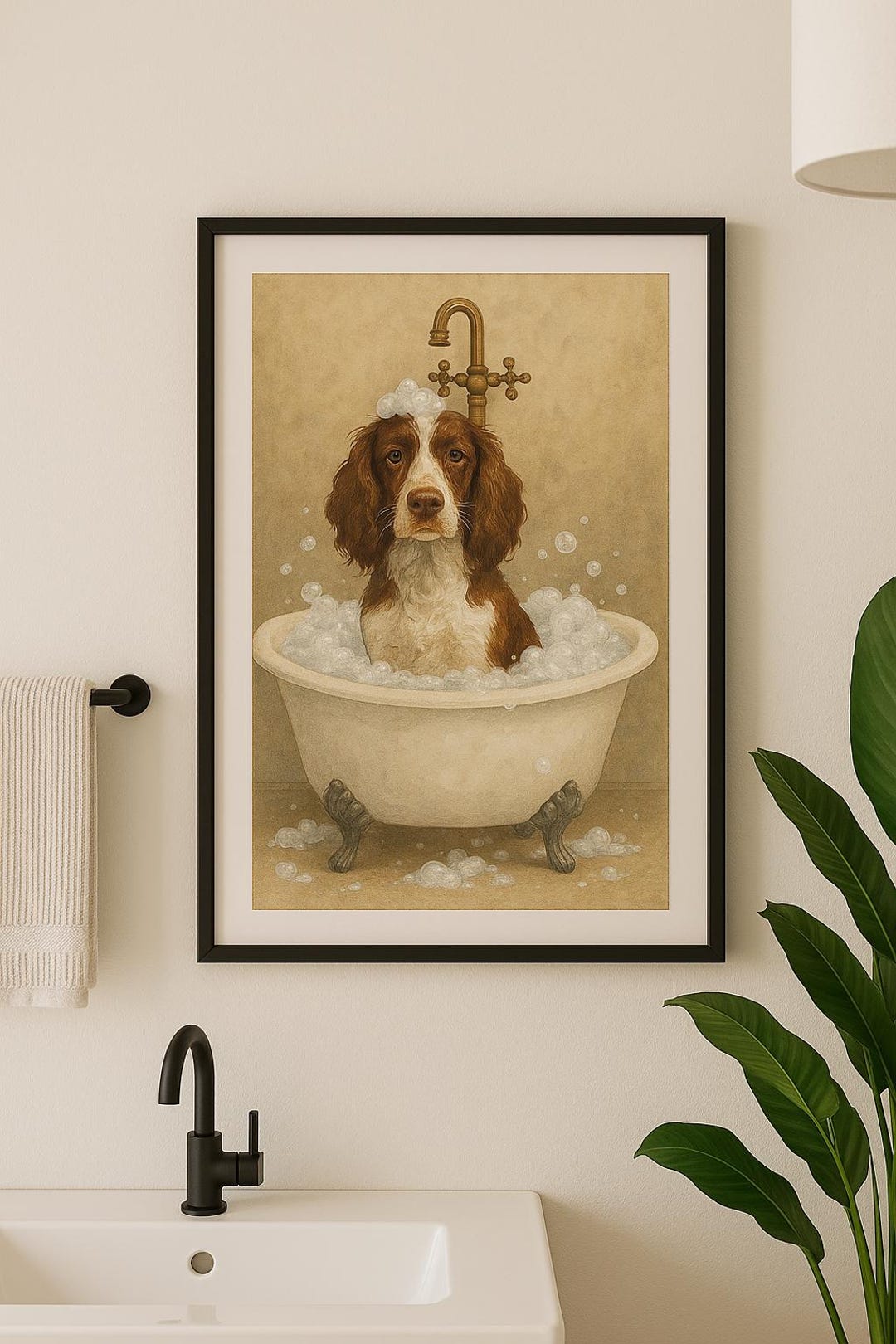Vintage-style Spaniel Wall Art | Dog in Bathtub Print | Bathroom Decor ...