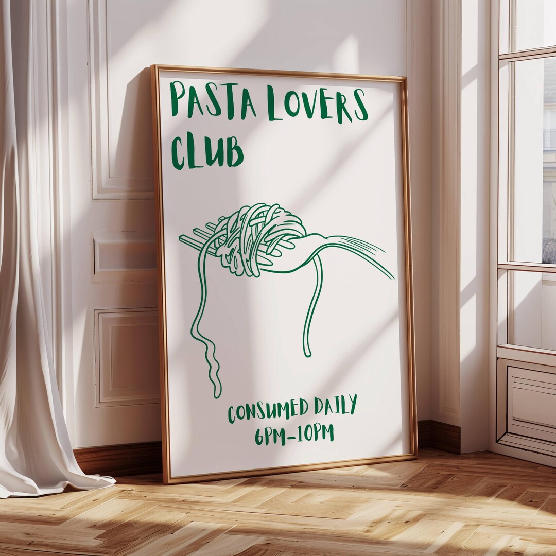 Pasta Lovers Club Poster - Green Art With Pasta on a Fork - Digital ...