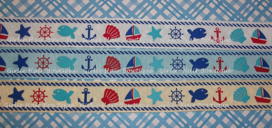 7/8 Nautical Ribbon Sailboat Ribbon Fish Ribbon Grosgrain Ribbon 1 Yd ...