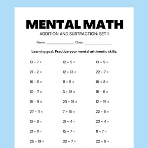 Mental Math Printable Addition Subtraction Student Worksheet Arithmetic ...