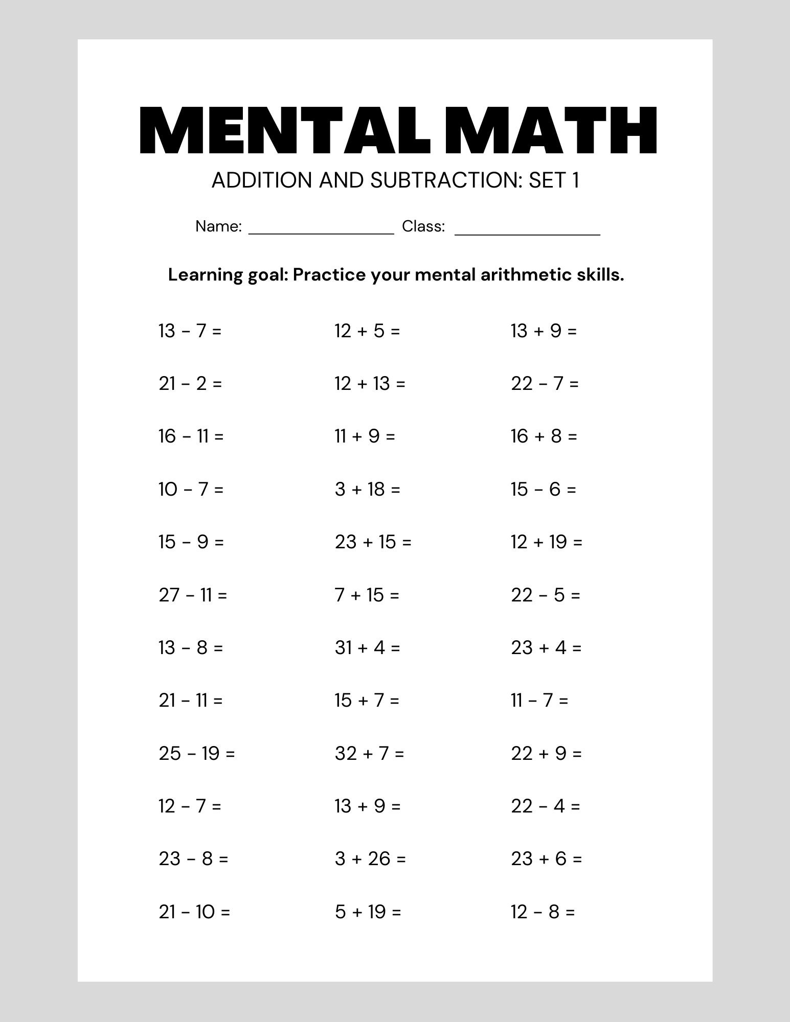 Mental Math Printable Addition Subtraction Student Worksheet Arithmetic ...