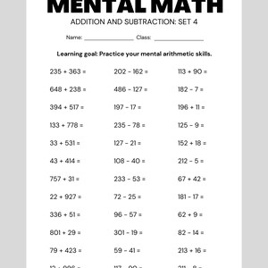 Mental Math Printable Addition Subtraction Student Worksheet Arithmetic ...
