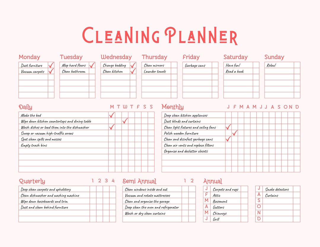 Printable Cleaning Schedule Planner Calendar Agenda Daily Weekly ...