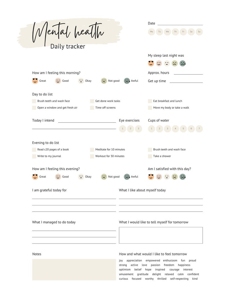 Printable Mental Health Daily Tracker Self-care Mood Manager Calendar ...