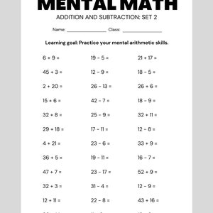 Mental Math Printable Addition Subtraction Student Worksheet Arithmetic ...