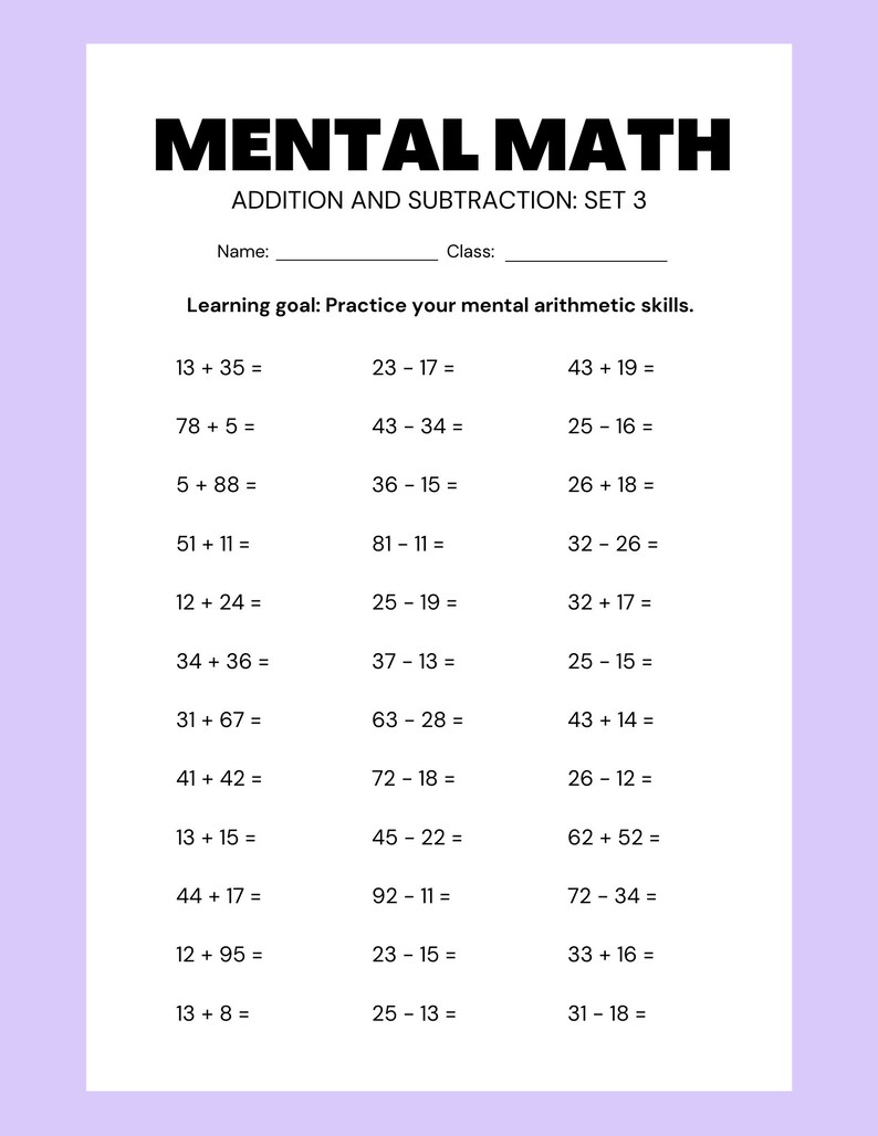 Mental Math Printable Addition Subtraction Student Worksheet Arithmetic ...