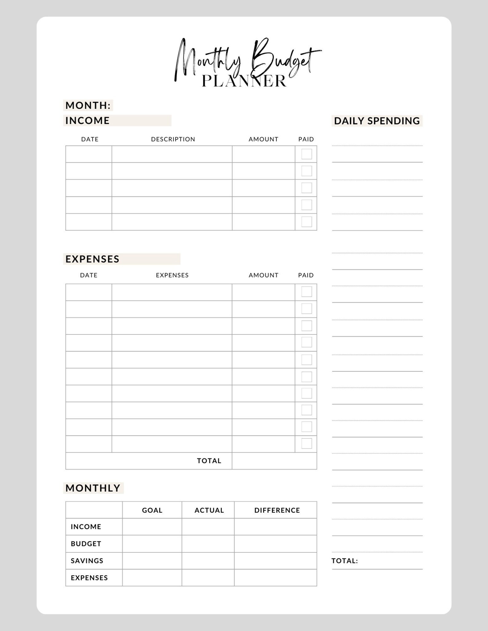 Clean and Simple Printable Monthly Budget Planner Calendar Tracker ...